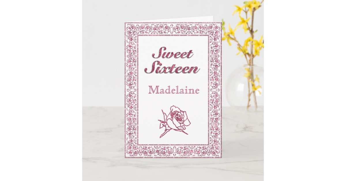 Vintage Pink Glitter Rose Sweet Sixteen Card | Zazzle