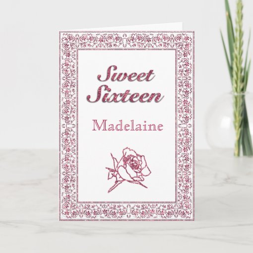 Vintage Pink Glitter Rose Sweet Sixteen Card | Zazzle
