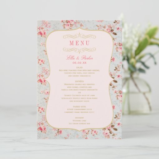 Vintage Pink Gold Floral Garden Party Wedding Menu | Zazzle