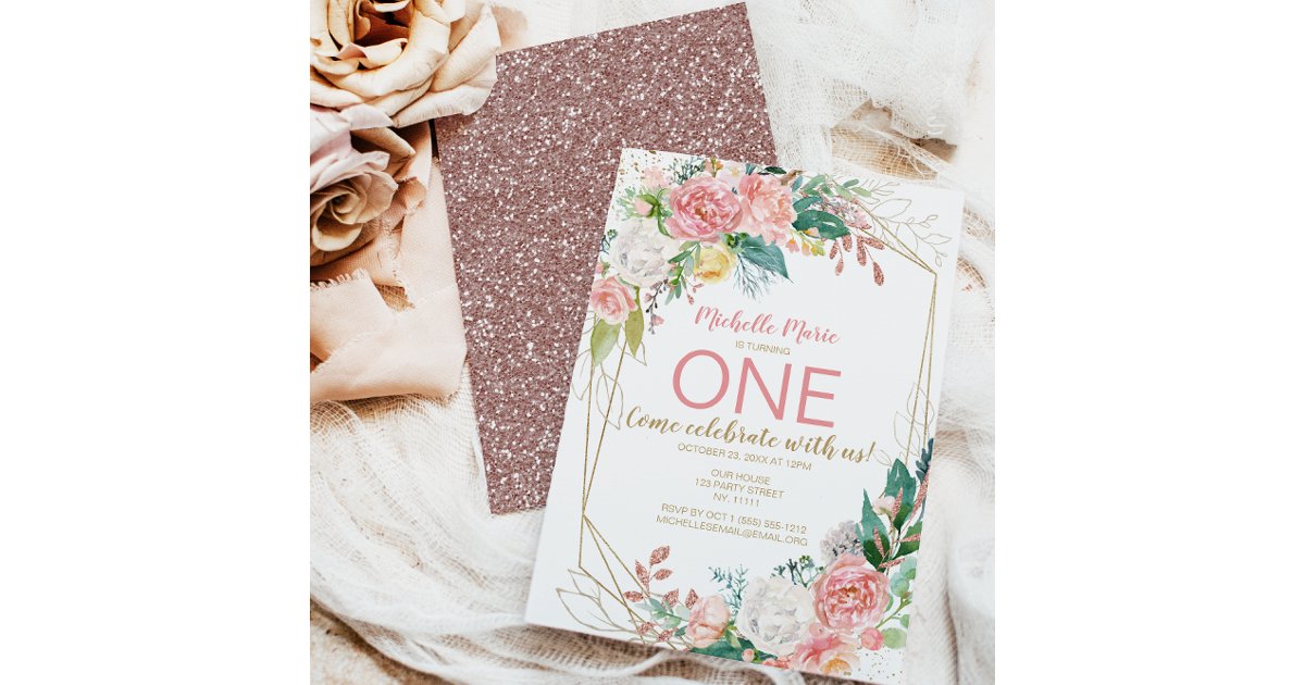 Vintage Pink Gold Floral Rose First Birthday Invitation | Zazzle