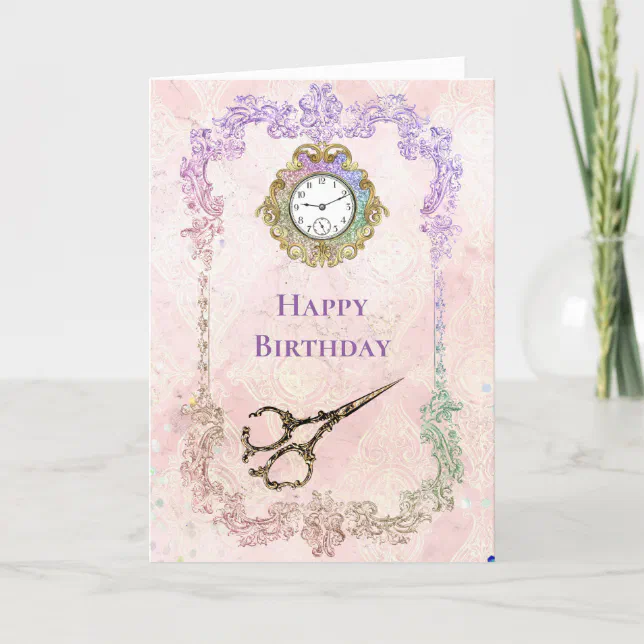 Vintage Pink Gold Scissors Glam Birthday Card | Zazzle