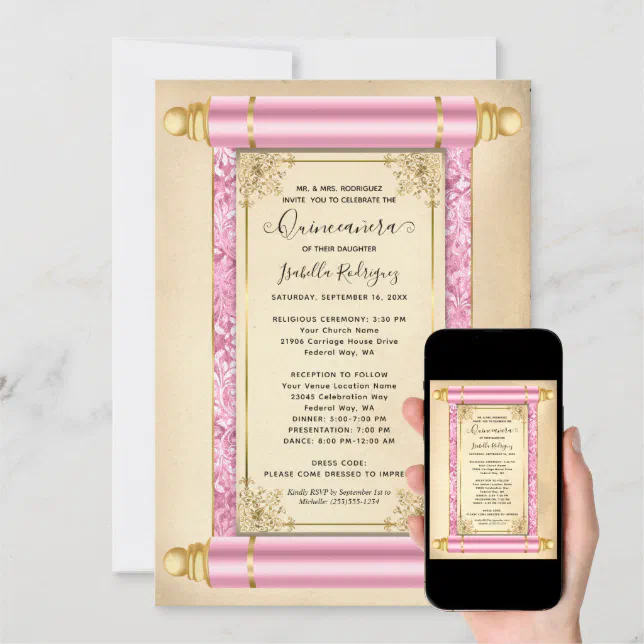 Vintage Pink Gold Scroll Elegant Quinceañera Invitation | Zazzle