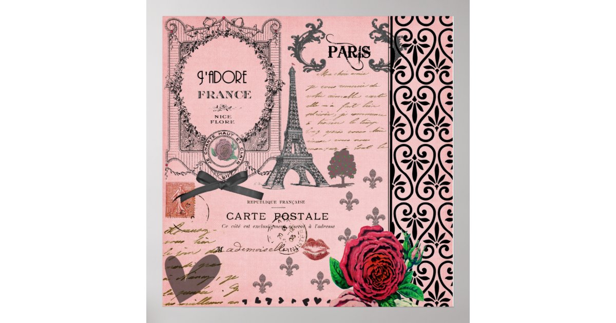 Vintage Pink Paris Collage art poster | Zazzle