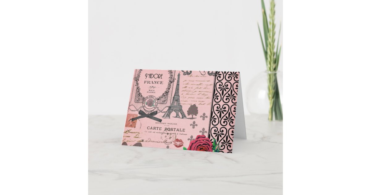 Vintage Pink Paris Collage Card | Zazzle