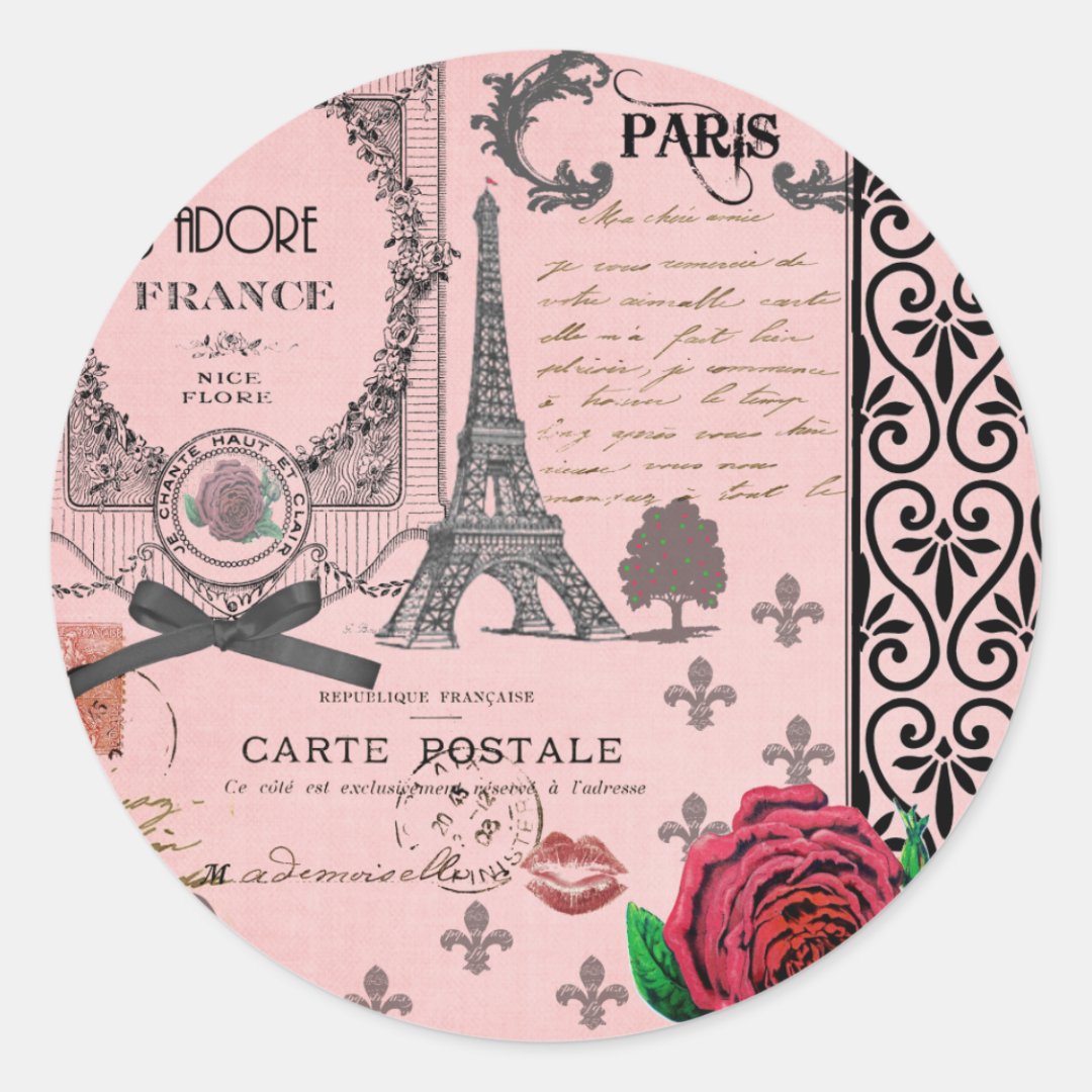 Vintage Pink Paris Collage Classic Round Sticker | Zazzle