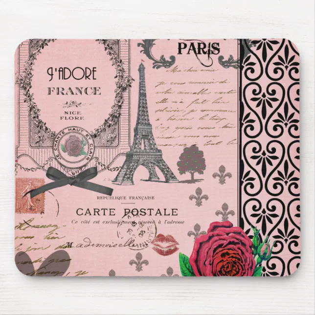 Vintage Pink Paris Collage Mouse Pad | Zazzle