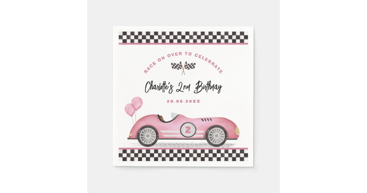 Vintage Pink Racing Car Two Fast Girl 2nd Birthday Napkins | Zazzle
