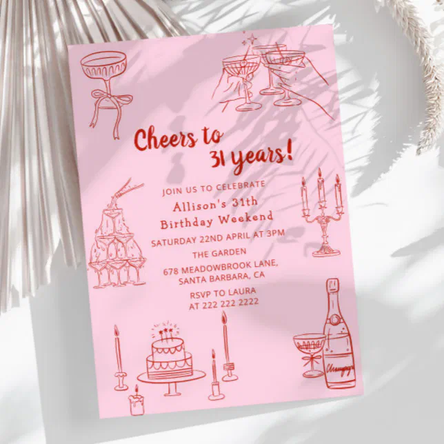 Vintage Pink Retro Drawn Funky Birthday Party Invitation | Zazzle