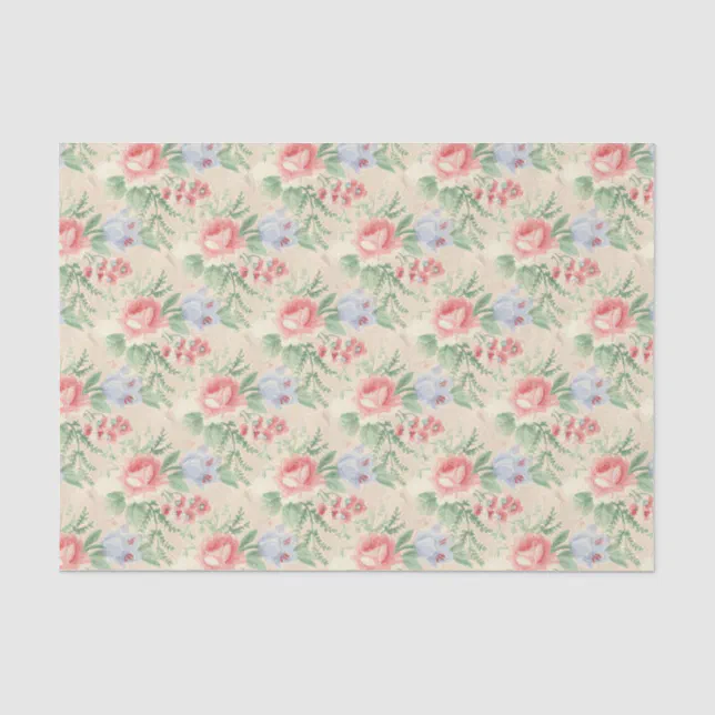 Vintage Pink Rose and Blue Flower Pattern Tissue Paper | Zazzle
