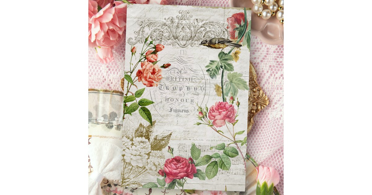 Vintage Pink Rose & Typography Ephemera Decoupage Tissue Paper | Zazzle