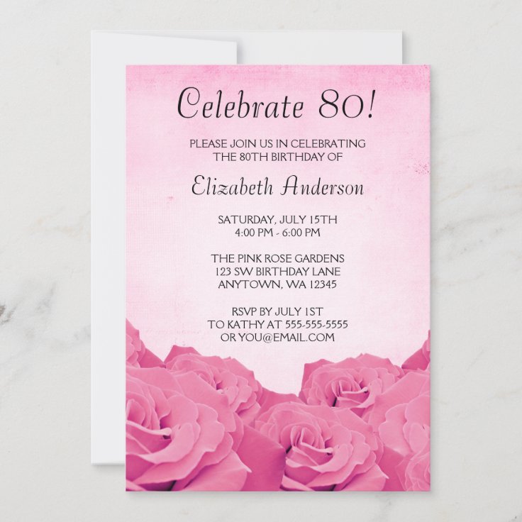 Vintage Pink Roses 80th Birthday Party Invitation | Zazzle
