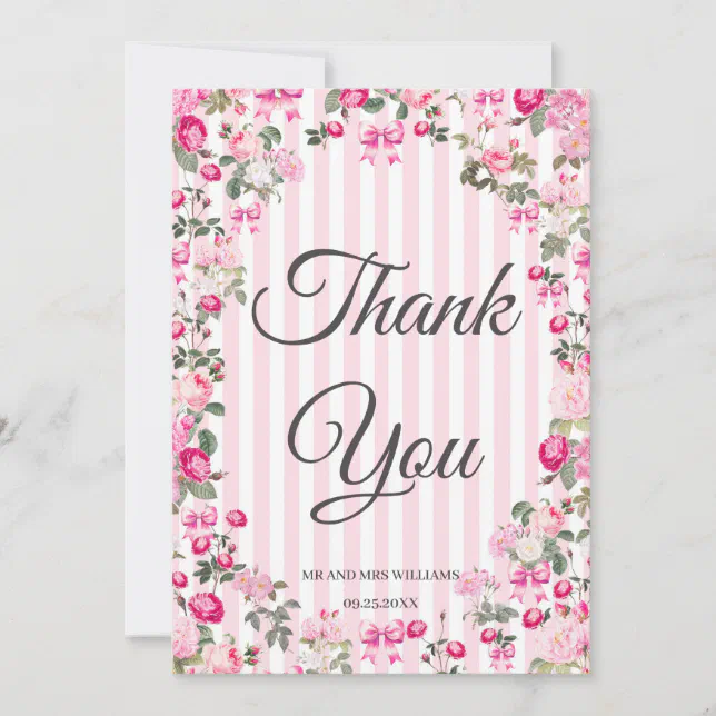 Vintage Pink Roses Coquette Bow Stripes Invitation | Zazzle