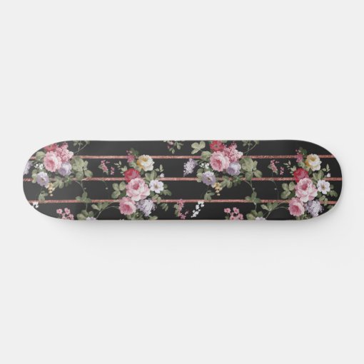 Vintage pink roses faux rose gold stripes pattern skateboard | Zazzle