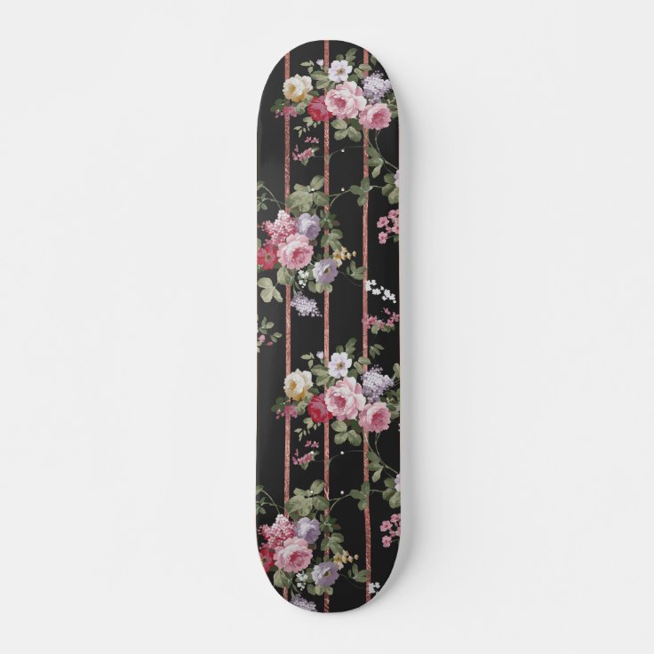 Vintage pink roses faux rose gold stripes pattern skateboard | Zazzle