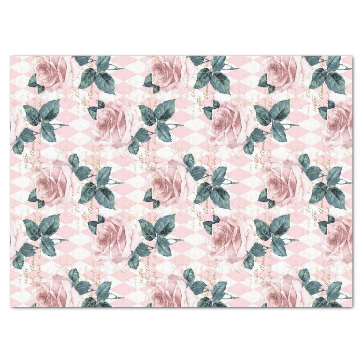 Vintage Pink Roses on Checkered Decoupage Tissue Paper | Zazzle