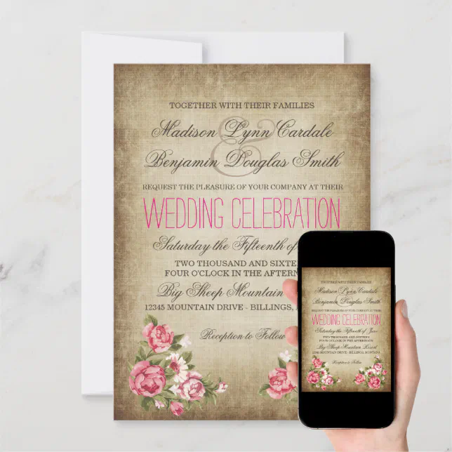Vintage Pink Roses Rustic Wedding Invitations | Zazzle