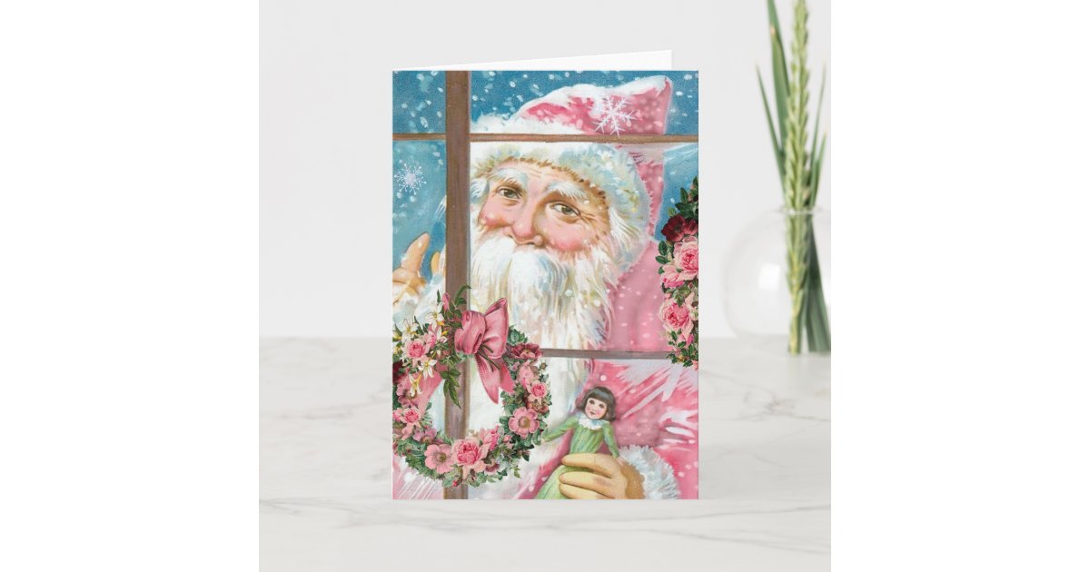 Vintage Pink Santa Claus at Window Holiday Card | Zazzle
