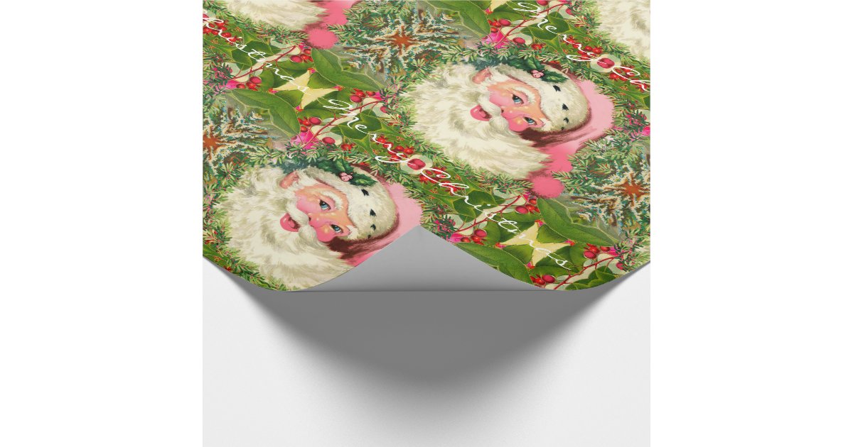 Vintage Pink Santa For Christmas 30" x 6' Wrapping Paper | Zazzle