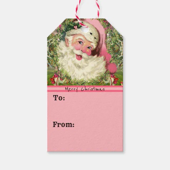 Vintage Pink Santa For Christmas Gift Tags | Zazzle