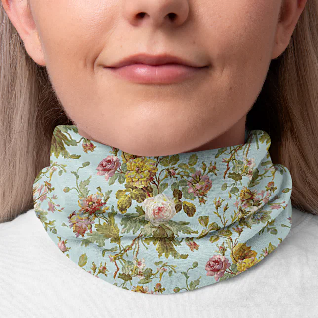 Vintage Pink Summer Roses Flower Pattern on Blue Bandana | Zazzle