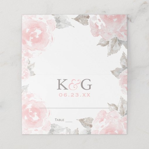 Vintage Pink Watercolor Rose Wedding Monogram Place Card | Zazzle