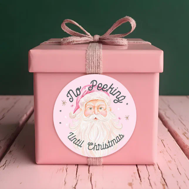 Vintage Pink Watercolor Santa Claus No Peeking Classic Round Sticker ...
