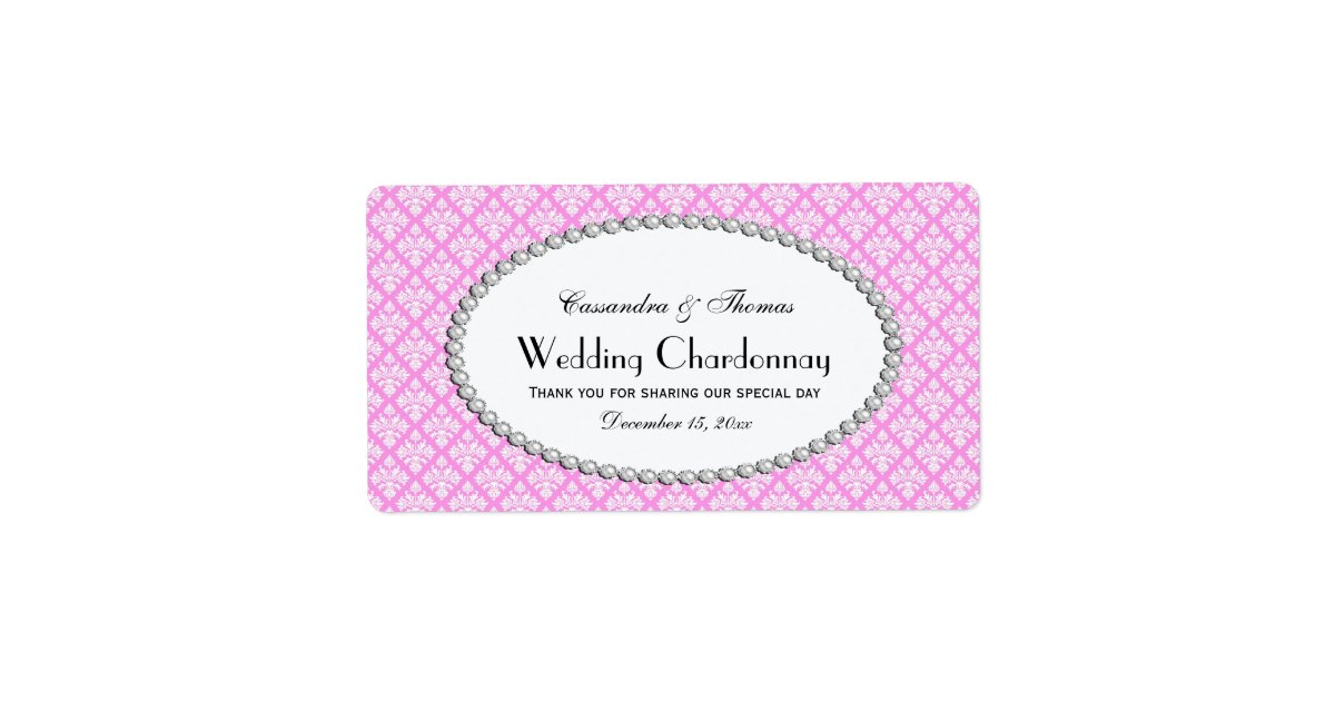 Vintage Pink Wht Damask Pearl 2H Wine Bottle Label | Zazzle