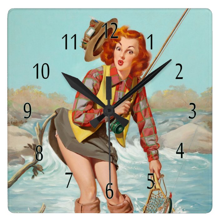 vintage pinup girl wall clock, gone fishing square wall clock | Zazzle.com