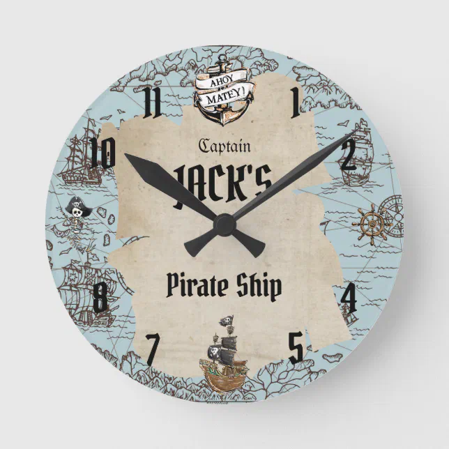 Vintage Pirate Anchor Nautical Boy Bedroom Numeral Round Clock | Zazzle