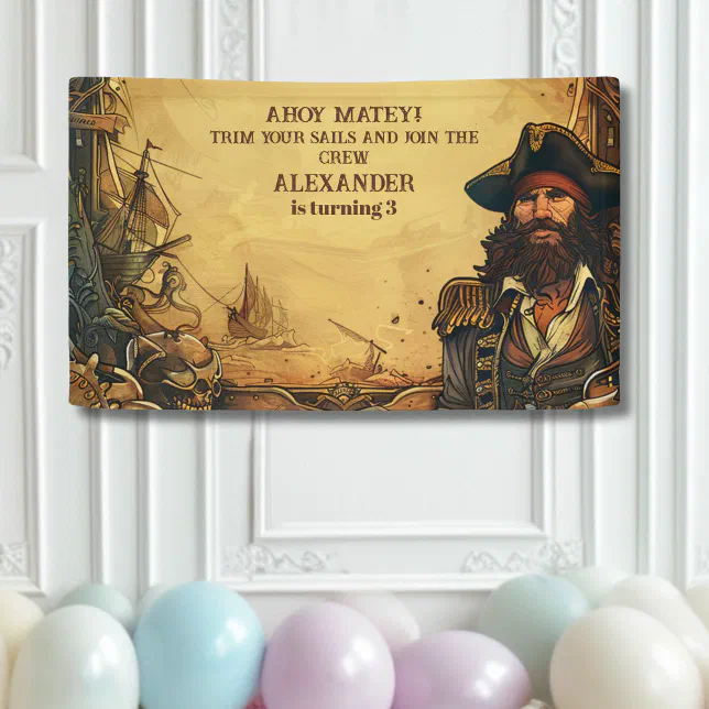 Vintage Pirate Birthday Party Ahoy Matey Old Map Banner | Zazzle