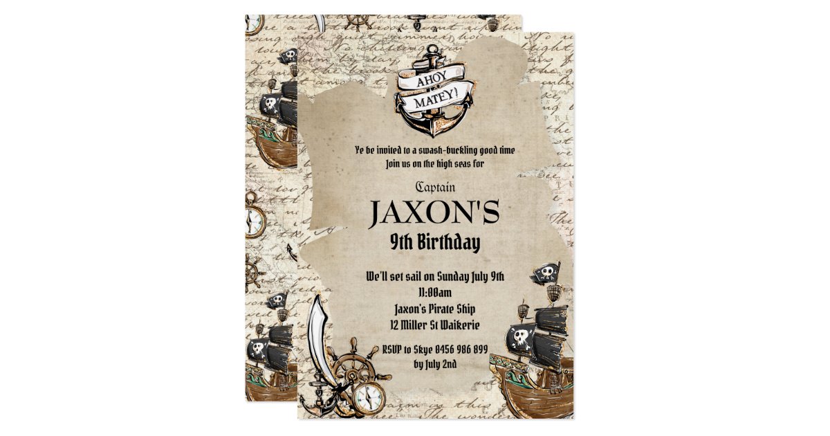 Vintage Pirate Birthday Party Ahoy Matey Old Map Invitation | Zazzle.com