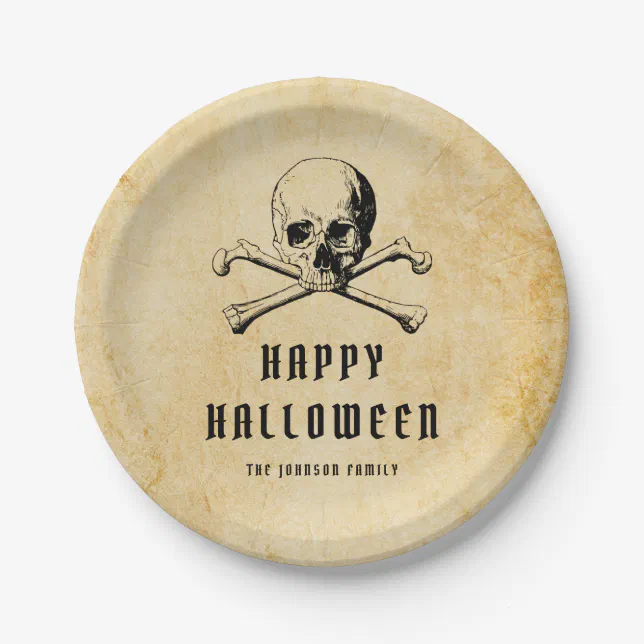 Vintage Pirate Skull & Bones Halloween Paper Plates | Zazzle