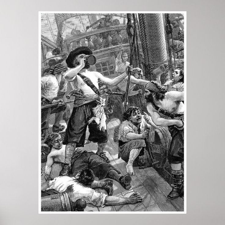 Vintage Pirates Drinking and Fighting on the Ship Poster | Zazzle