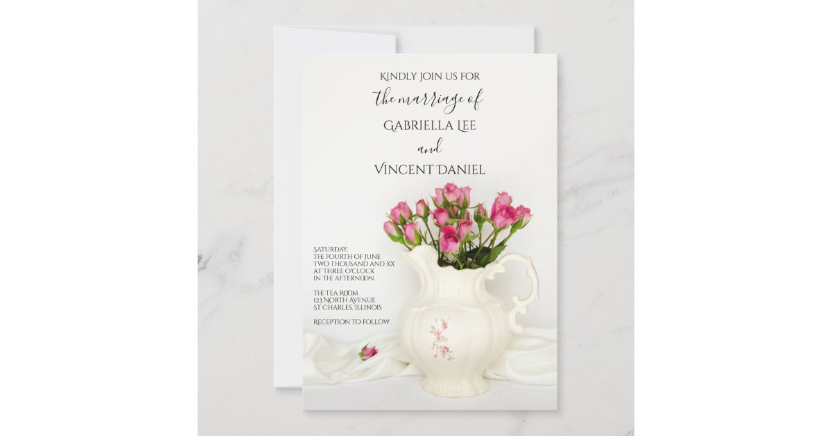 Vintage Pitcher with Pink Roses Wedding Invitation | Zazzle