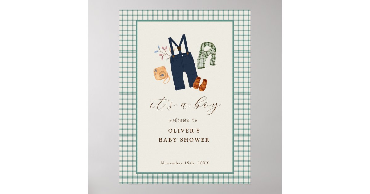Vintage Plaid Boy Clothes Baby Shower Welcome Poster | Zazzle