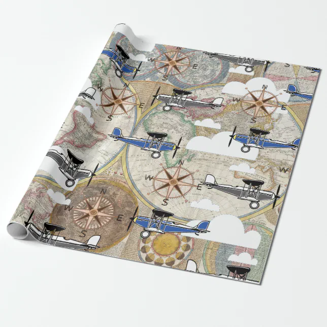 Vintage Planes & World Map Adventure Traveler Wrapping Paper | Zazzle