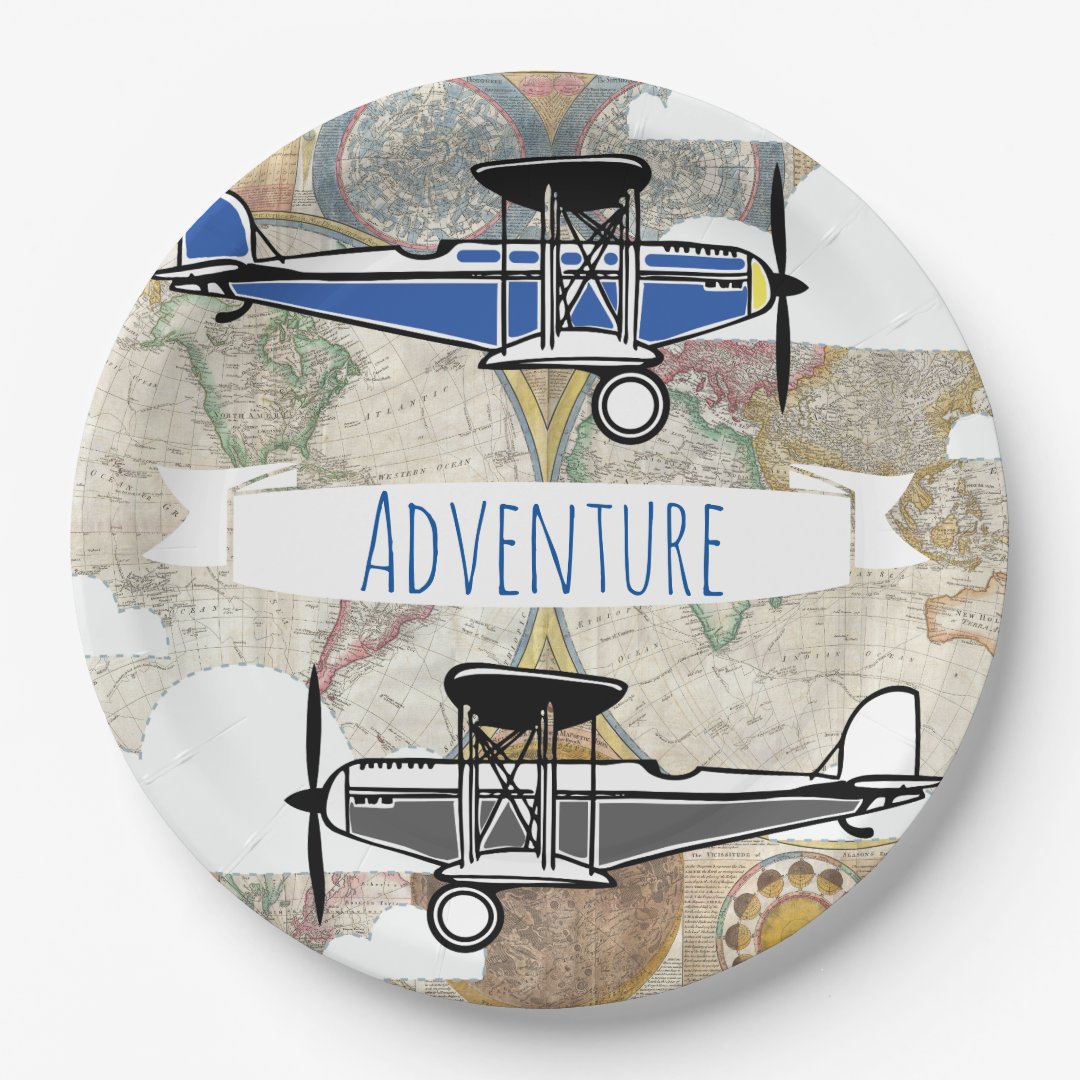 Vintage Planes & World Map Aviator Adventure Paper Plates | Zazzle