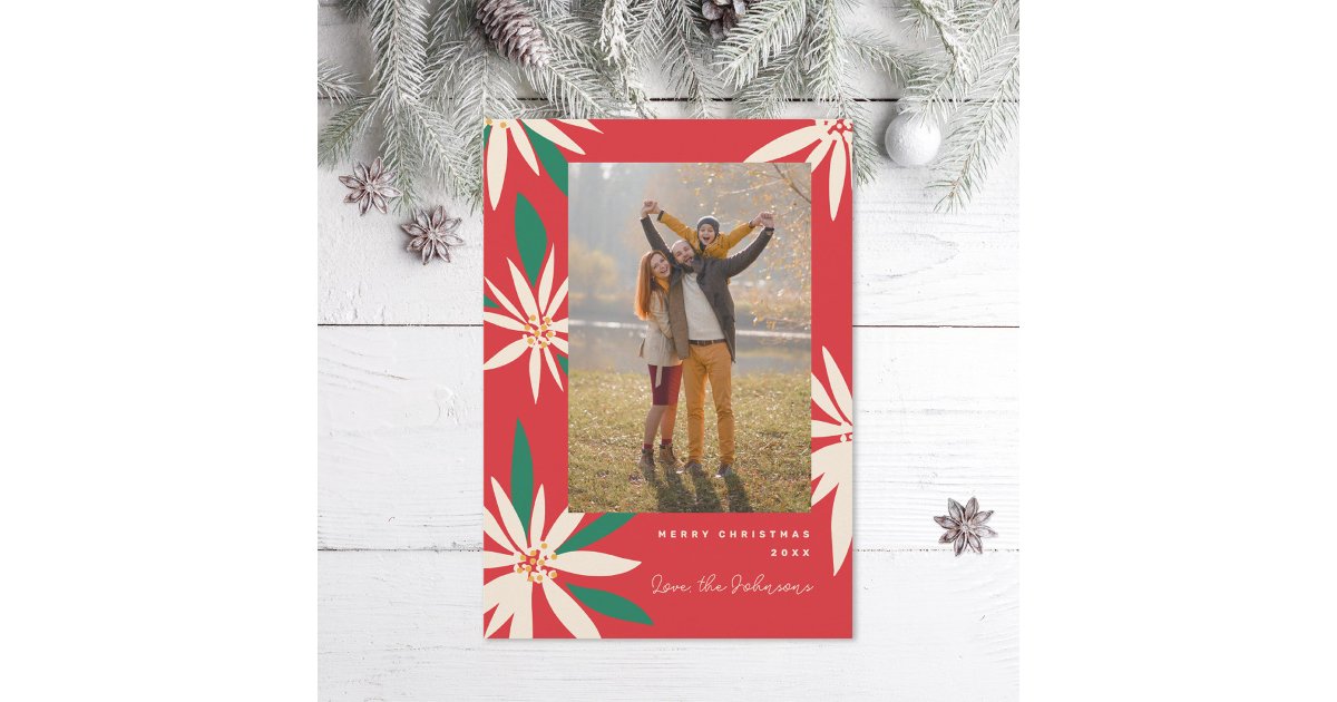 Vintage Poinsettias Christmas Photo Vertical Holiday Card | Zazzle