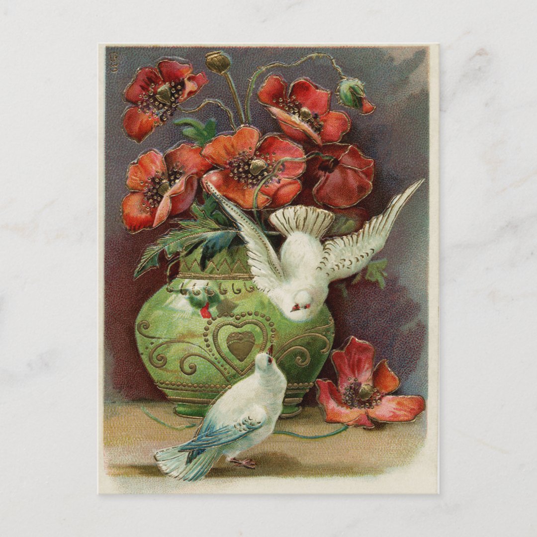 Vintage Poppies & Birds Postcard | Zazzle