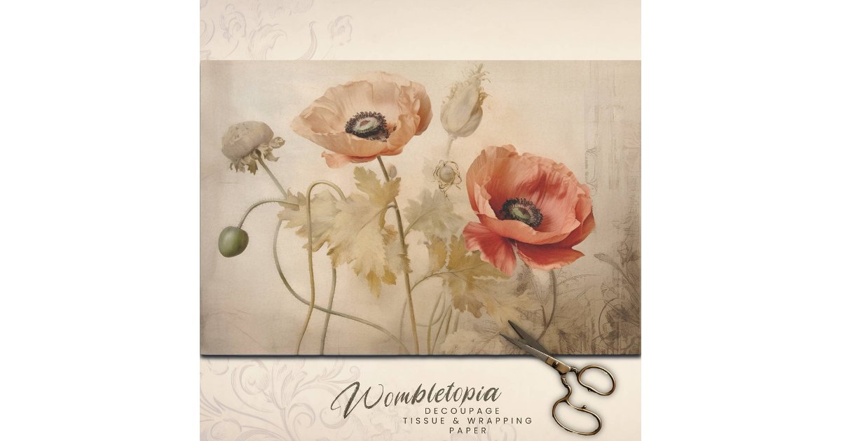 Vintage Poppies on Distressed Decoupage Tissue Paper | Zazzle