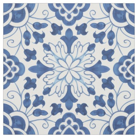 Vintage Portuguese Blue Azulejos Tile Pattern Fabric | Zazzle