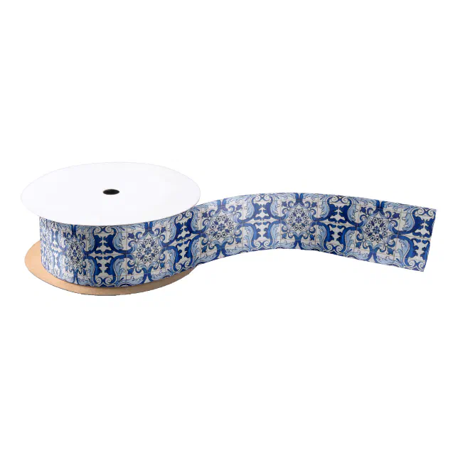 Vintage Portuguese Tile Pattern Satin Ribbon | Zazzle