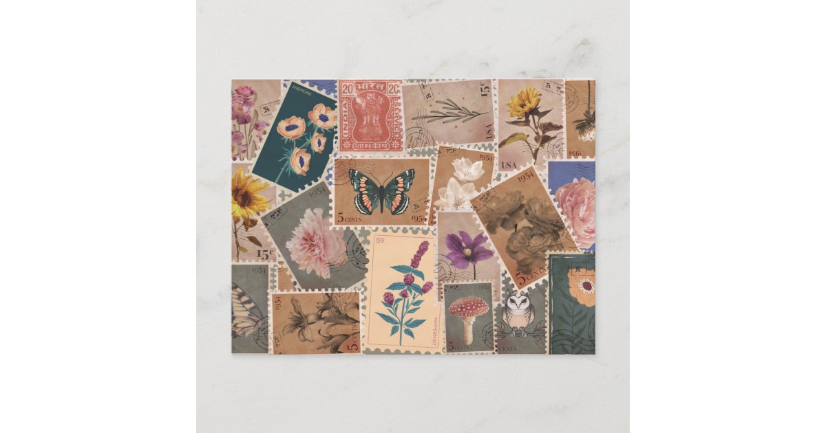 Vintage Postal Flowers and Nature Stamps Collage Postcard | Zazzle