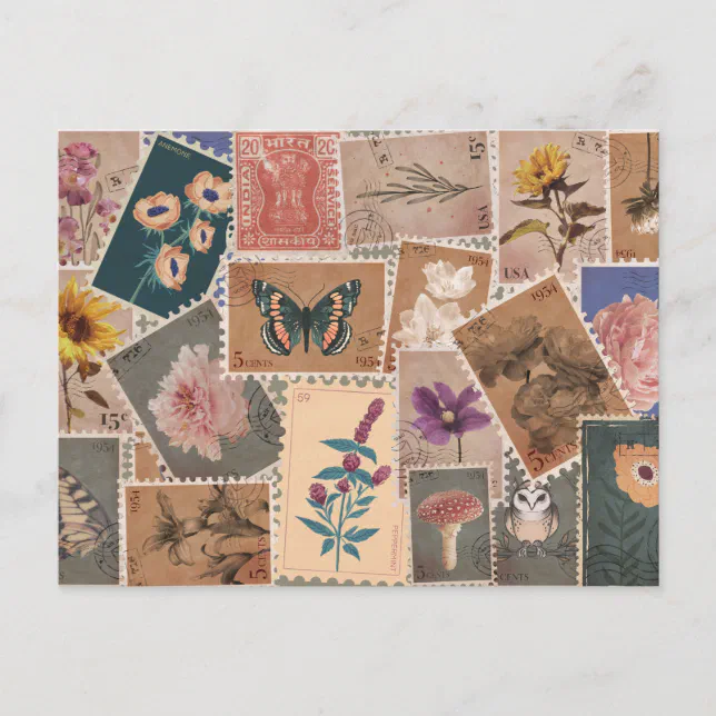 Vintage Postal Flowers and Nature Stamps Collage Postcard | Zazzle