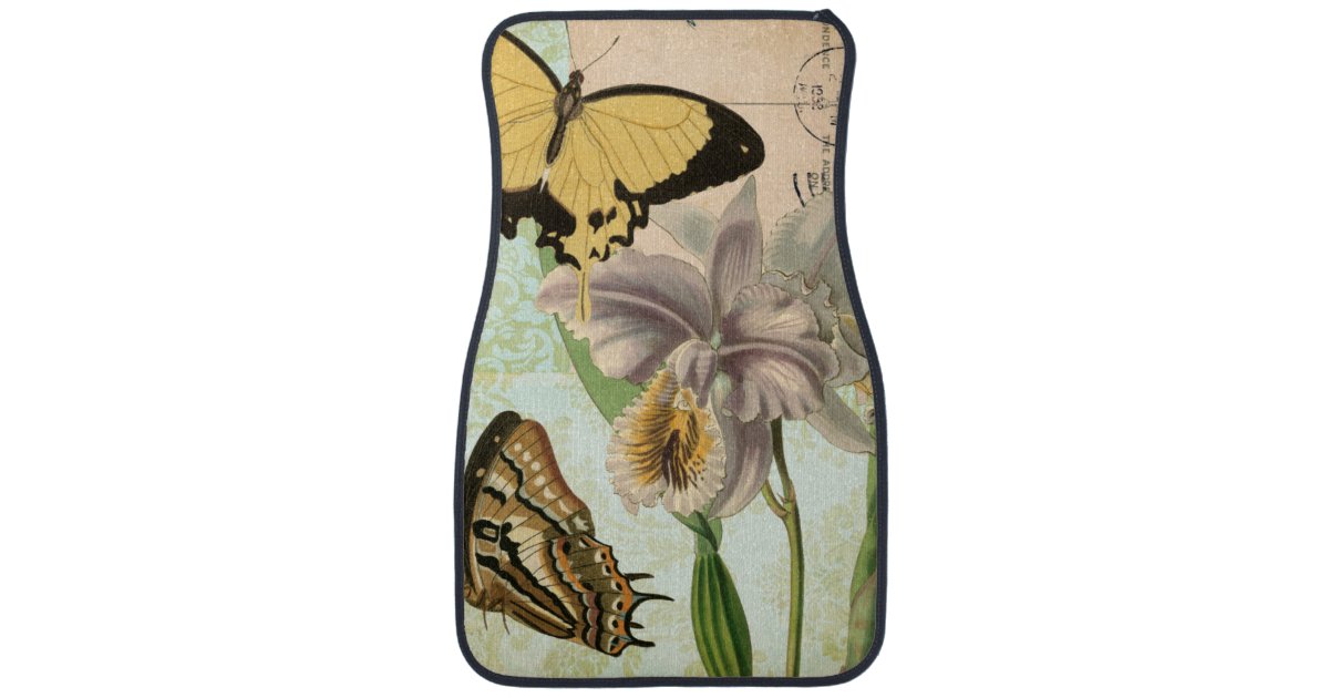 Vintage Postcard with Butterflies and Flowers Car Floor Mat | Zazzle