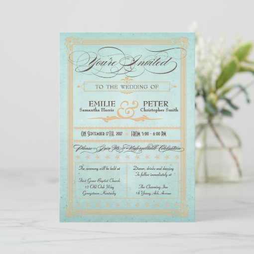 Vintage Poster Style Blue Wedding Invitation | Zazzle