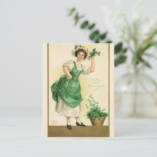 Vintage Pretty Irish Lady With Shamrocks Postcard | Zazzle