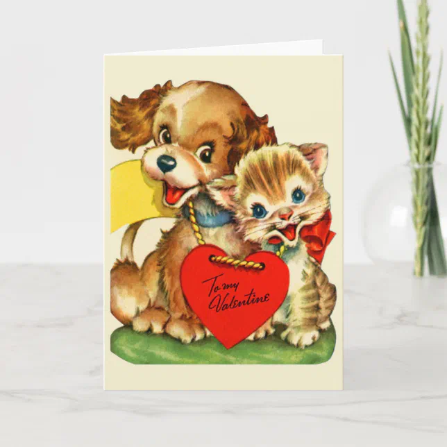 Vintage Puppy and Kitten Valentine's Day Card | Zazzle