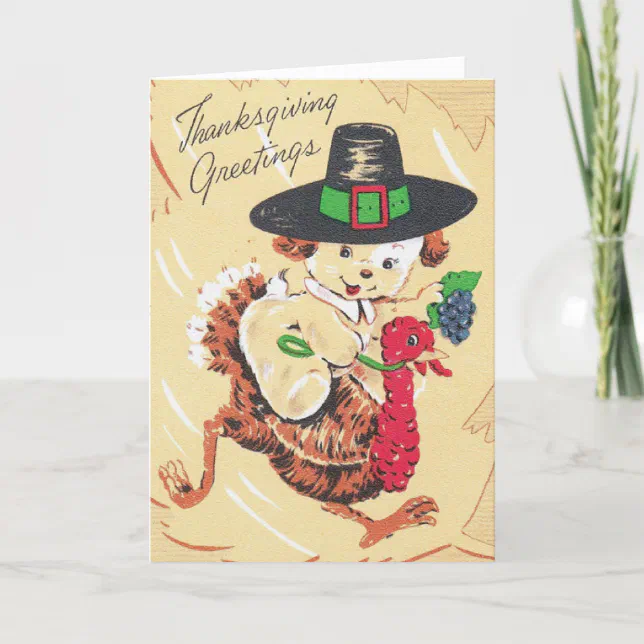 Vintage Puppy Dog Riding Turkey Thanksgiving Holiday Card | Zazzle