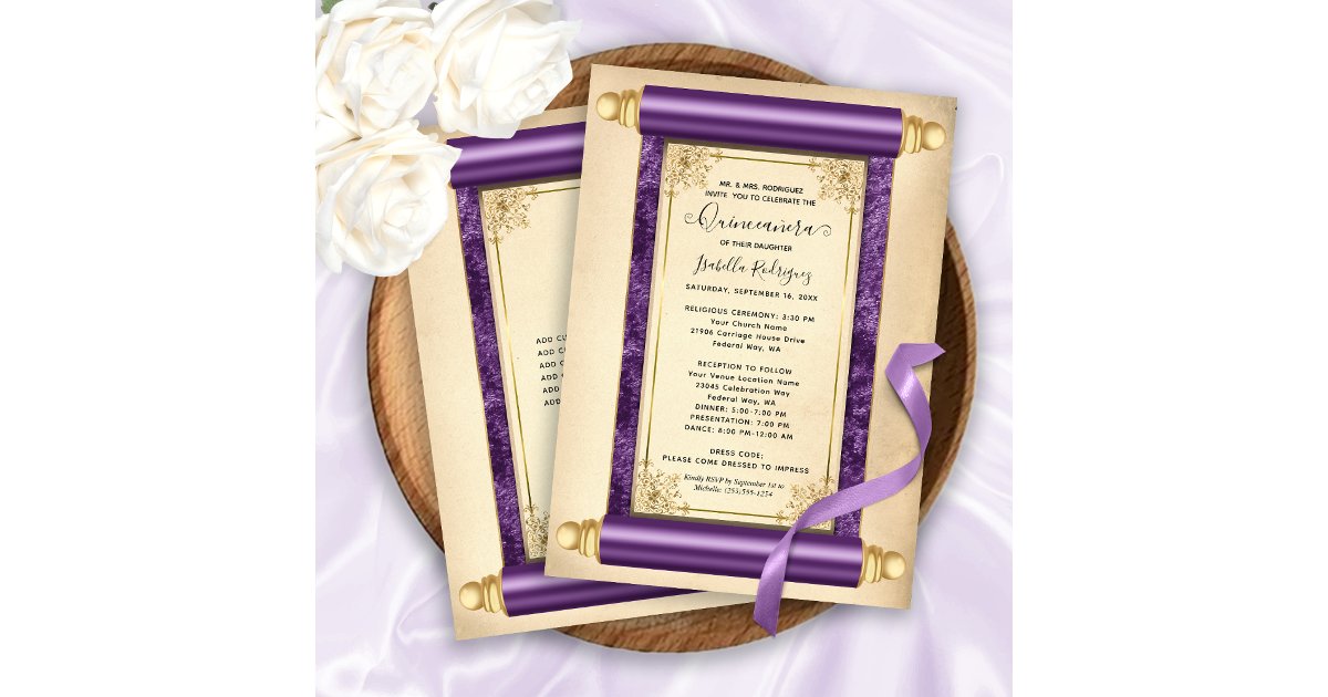 Vintage Purple Gold Scroll Elegant Quinceañera Invitation | Zazzle